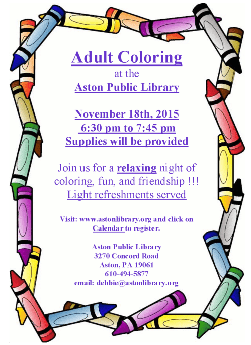 Adult Coloring Program Coming! | Aston Public Library