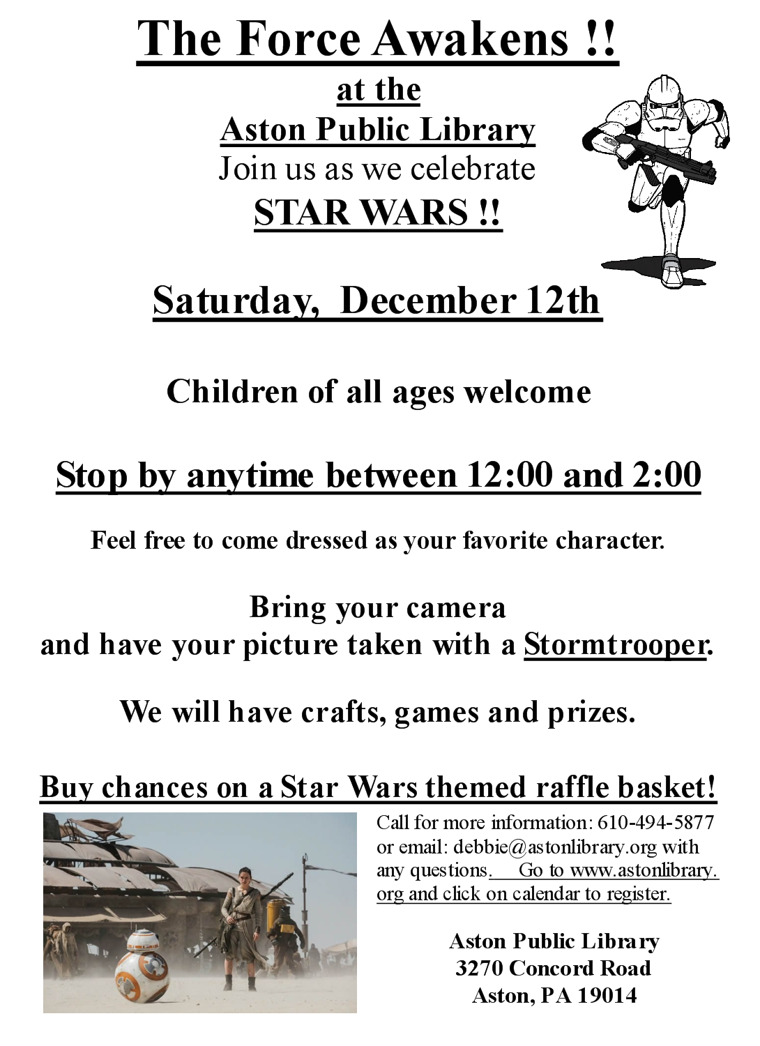 Kids’ Star Wars program December 12th! | Aston Public Library