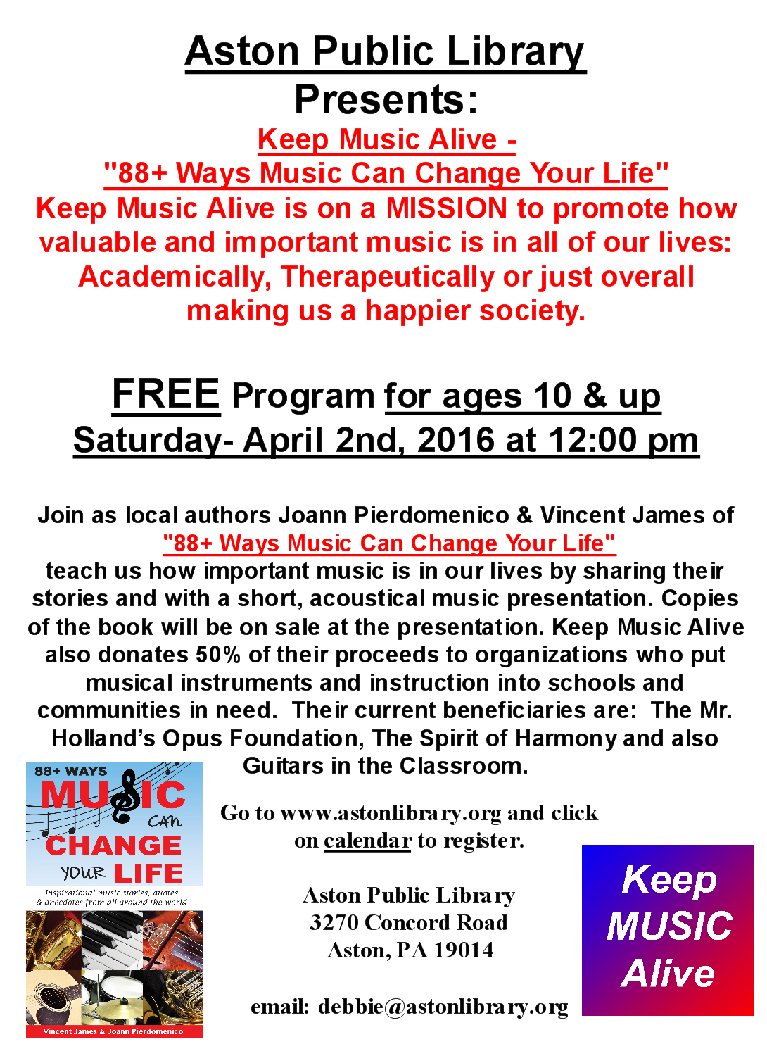 “Keep Music Alive” program coming to the library! | Aston Public Library