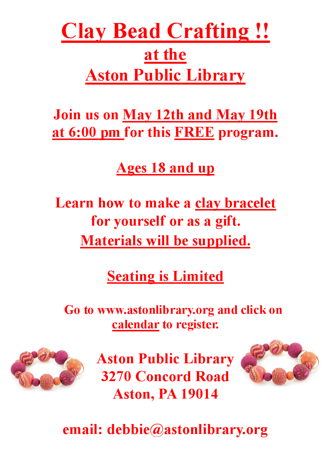 Clay Bead Crafting Class! | Aston Public Library