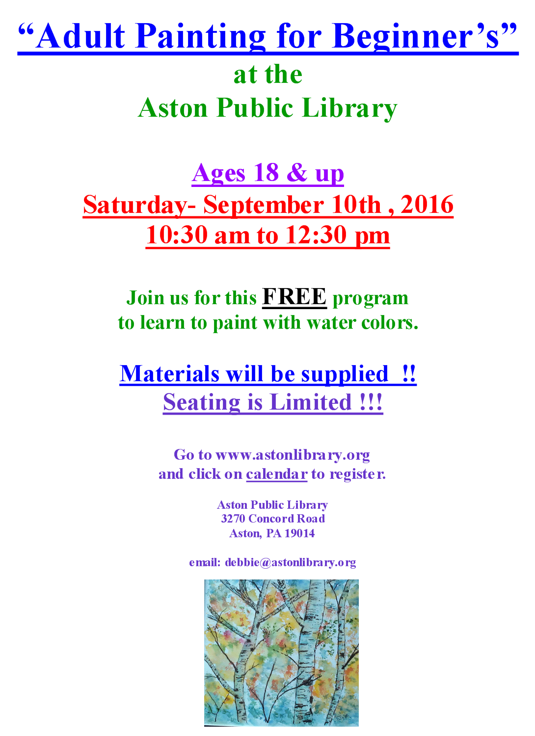 Adult Painting Class Coming! | Aston Public Library